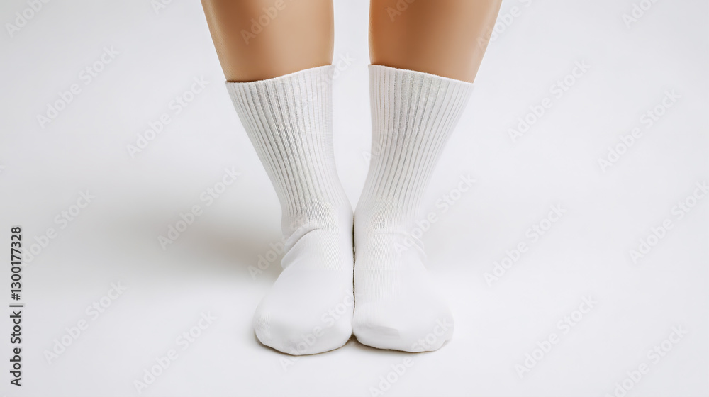 Mockup of plain white cotton socks worn by model's feet, white ...