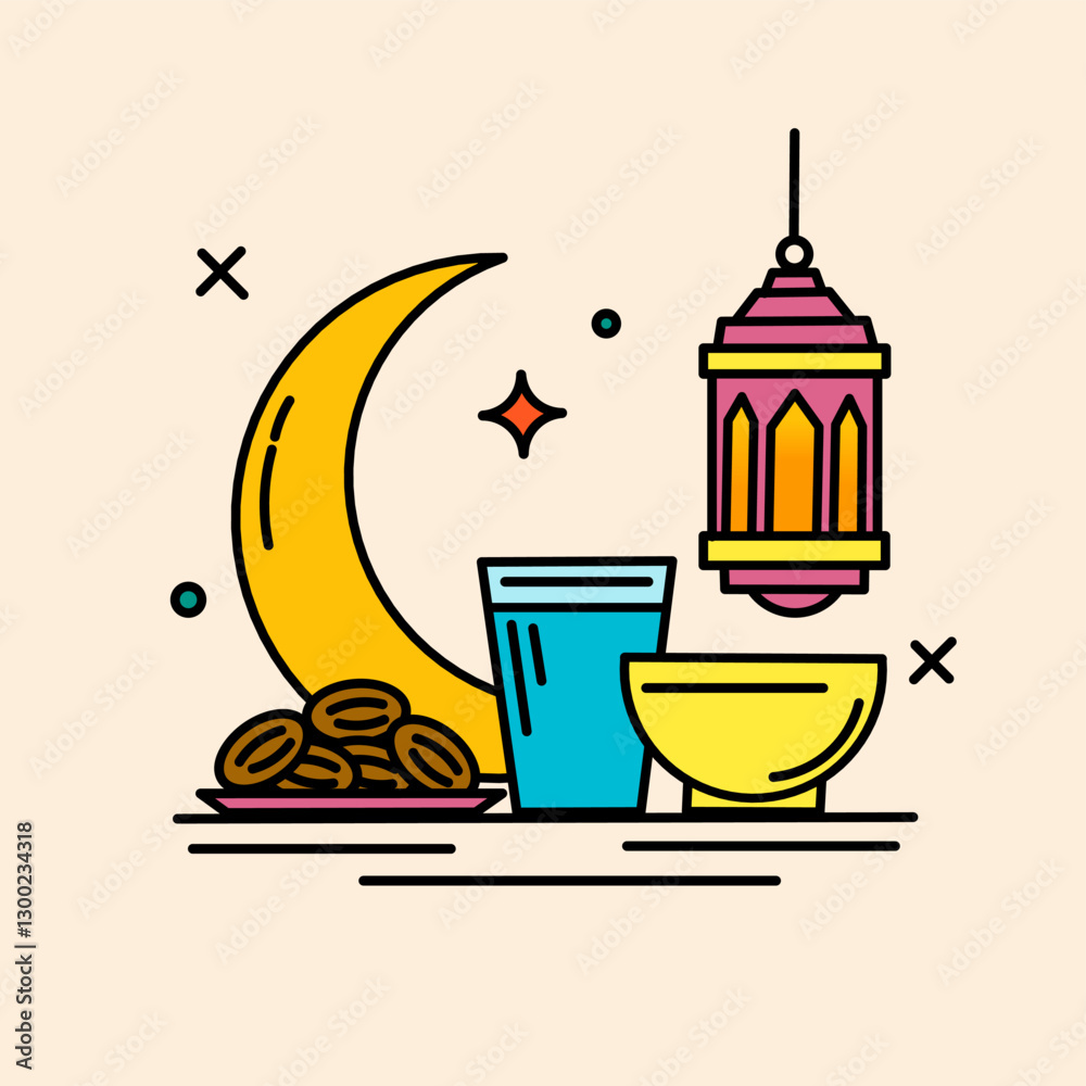 Line drawing design for Iftar, featuring a plate of dates, a glass of ...