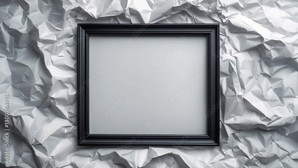 Dark frame on crumpled paper. White wrinkled sheet background with ...