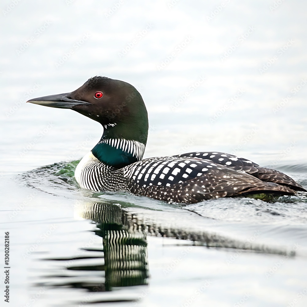 Loon bird resting in serene isolation, with bright red eyes and a ...