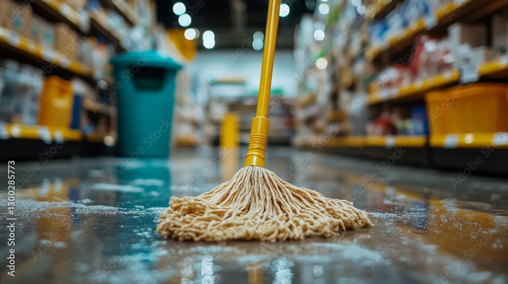 Mop cleaning a wet floor in a supermarket aisle. Stock Illustration ...