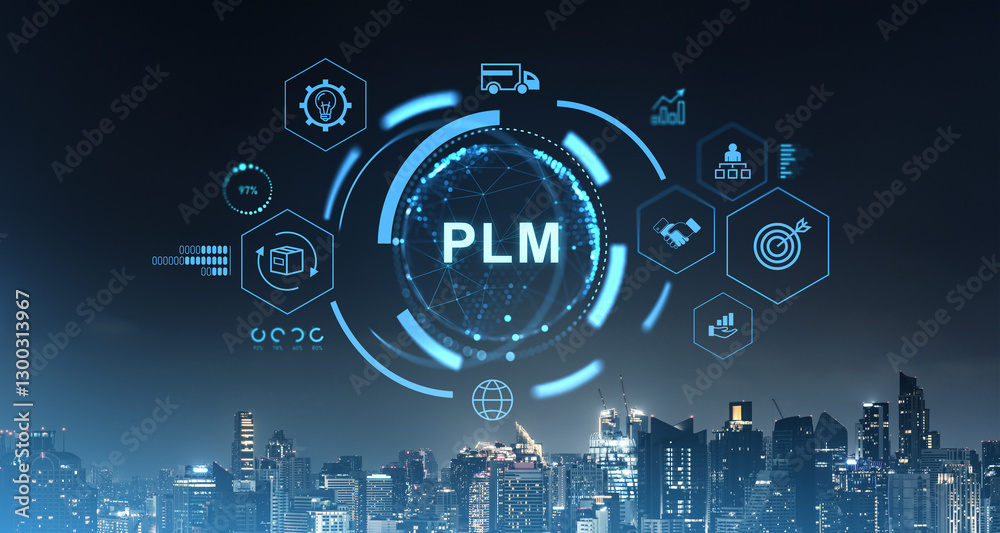 PLM concept over city skyline at night. Stock Photo | Adobe Stock
