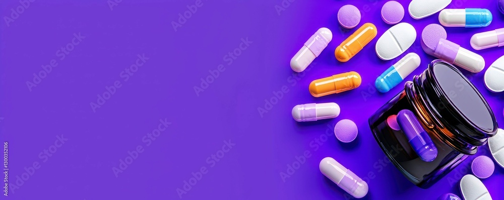 Medication Variety in Bottle Container on Violet Background Promoting ...