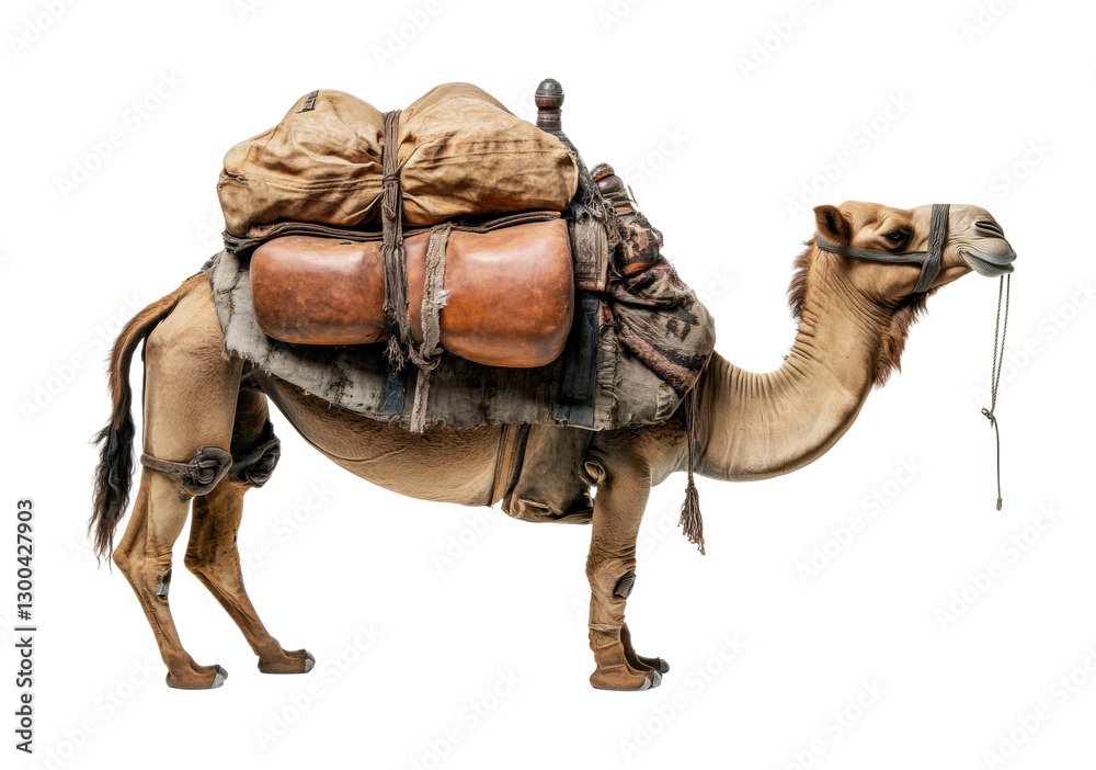Camel carrying heavy bags travels through desert landscape reflecting ...