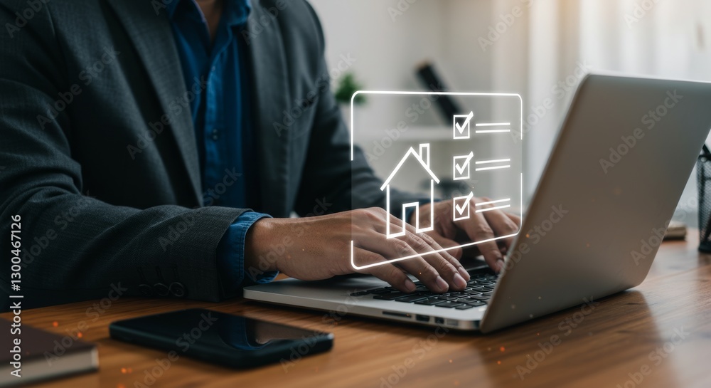 Professional analyzing home inspection checklist on a laptop for real ...