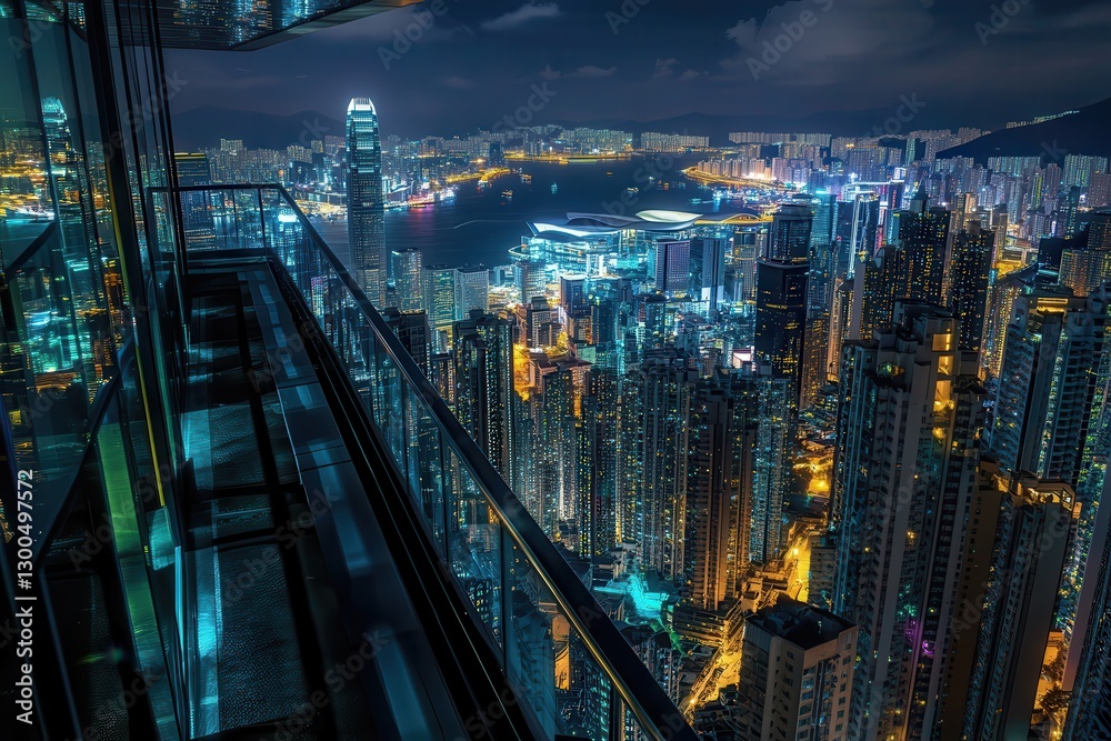 City skyline at night view from balcony modern high-rise building ...