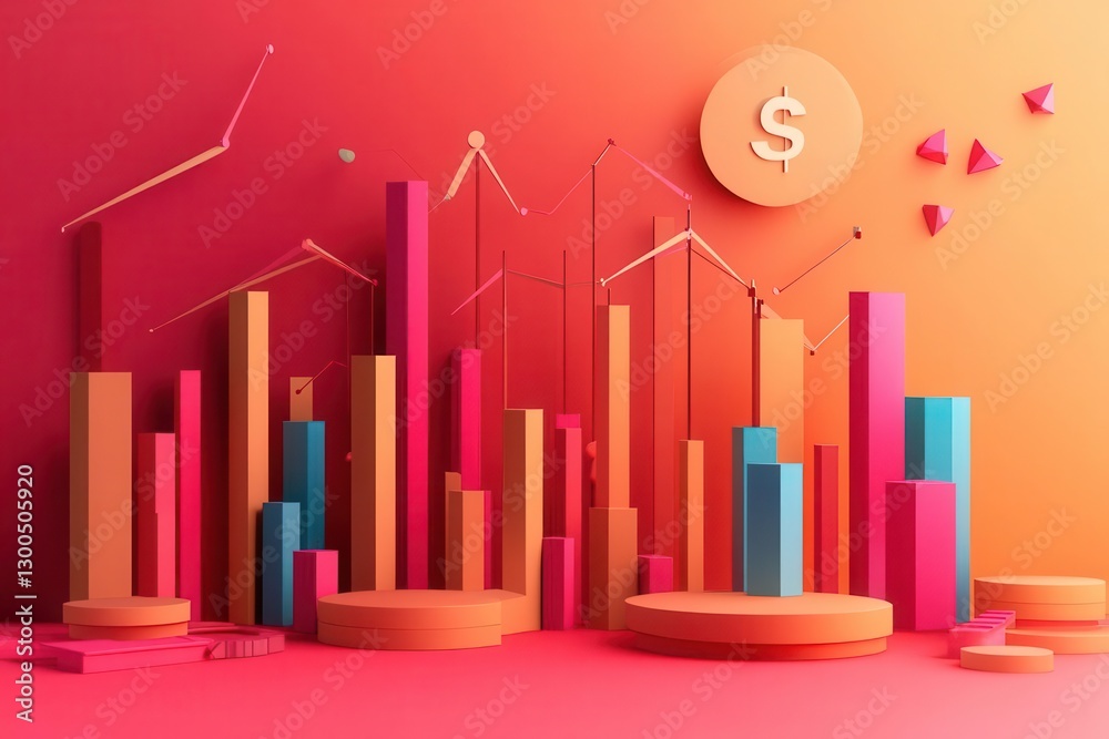 3d papercraft financial chart rising through layers of geometric shapes ...
