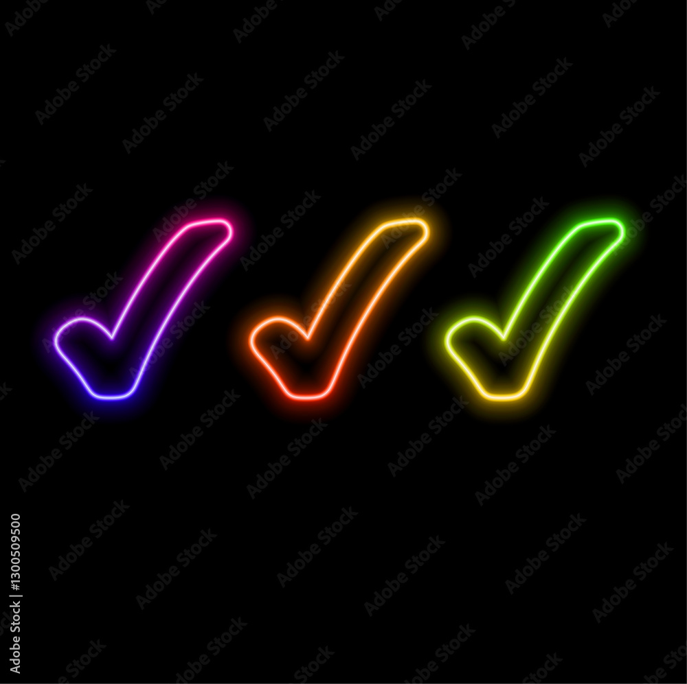 Outline neon check tick icon set. Glowing neon checkmark sign, tick approve pictogram. Correct ...
