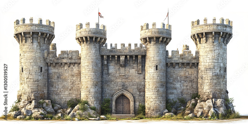 Medieval fortified stone wall featuring towers and loopholes for ...