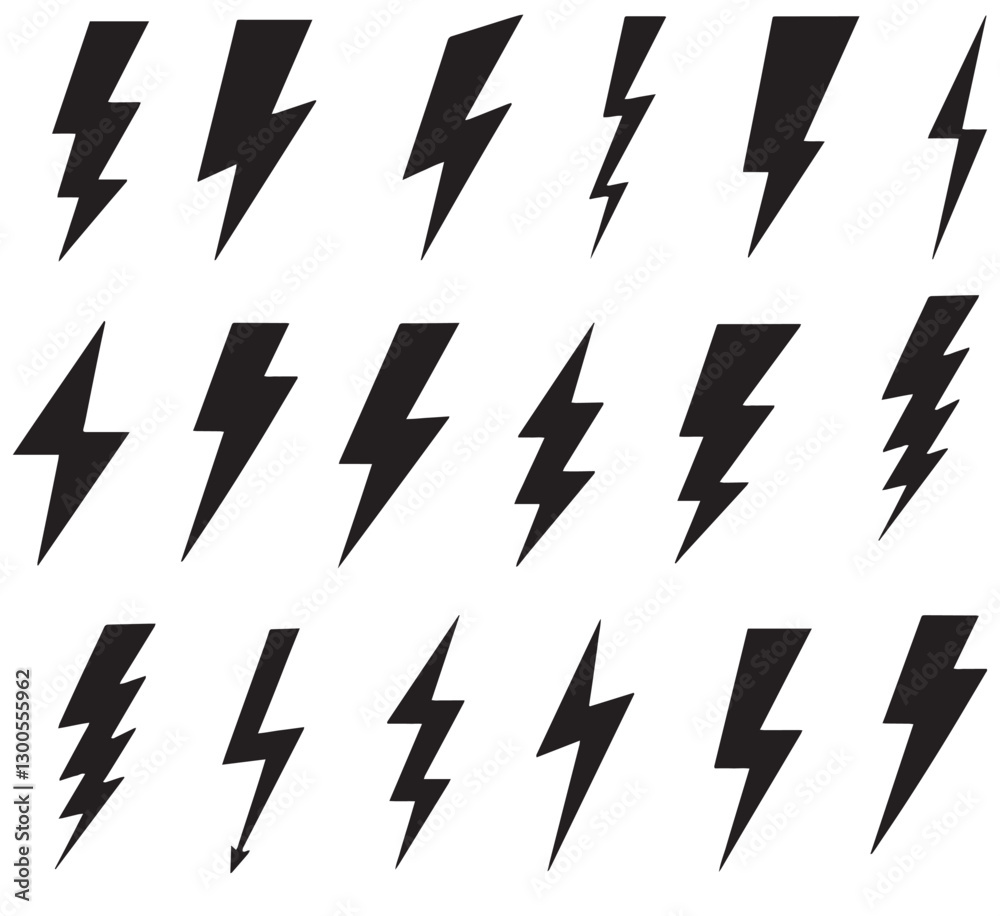 Lightning bolt icons set isolated on white background. Black flash ...
