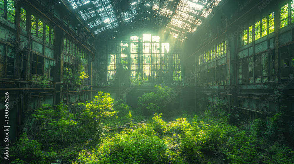 Foto de Stock Decayed abandoned factory complex, shattered glass ...