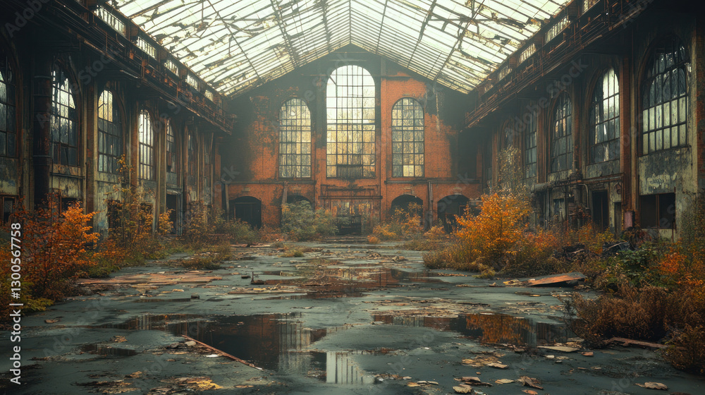 Decayed abandoned factory complex, shattered glass rooftops, corroded ...