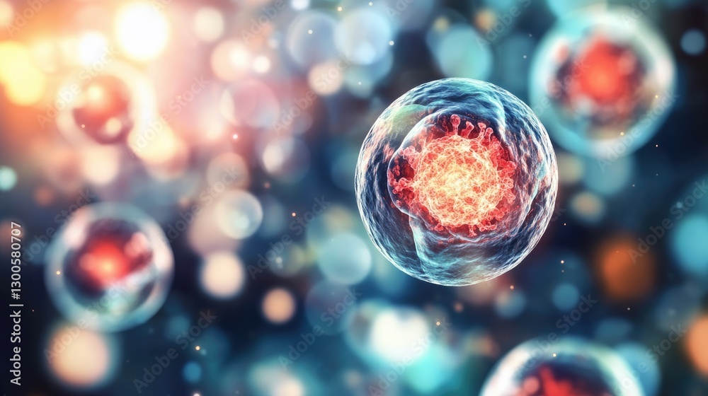 Microscopic view of a cell undergoing apoptosis, nucleus shrinking and ...