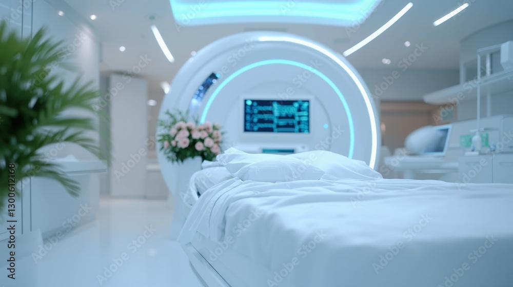 MRI machine and patient bed in modern clinical hospital room ...