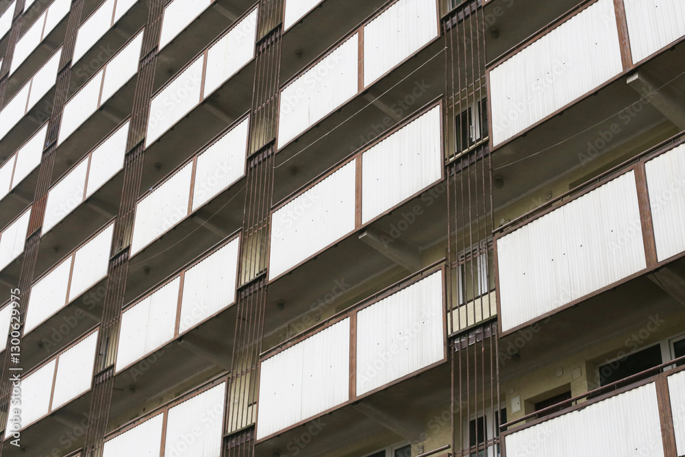 Old residential gallery building background. Metal facade and exterior ...