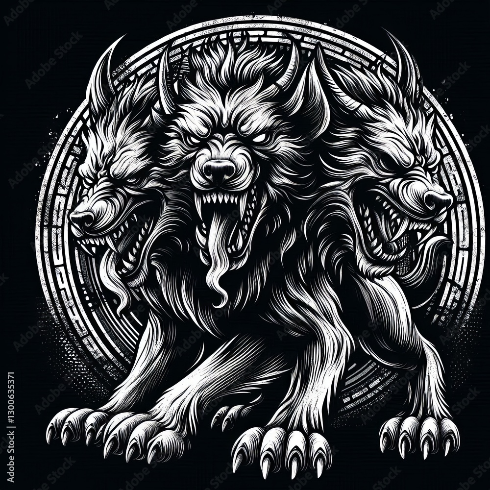 Monochrome depiction of a three headed canine with intricate circular ...