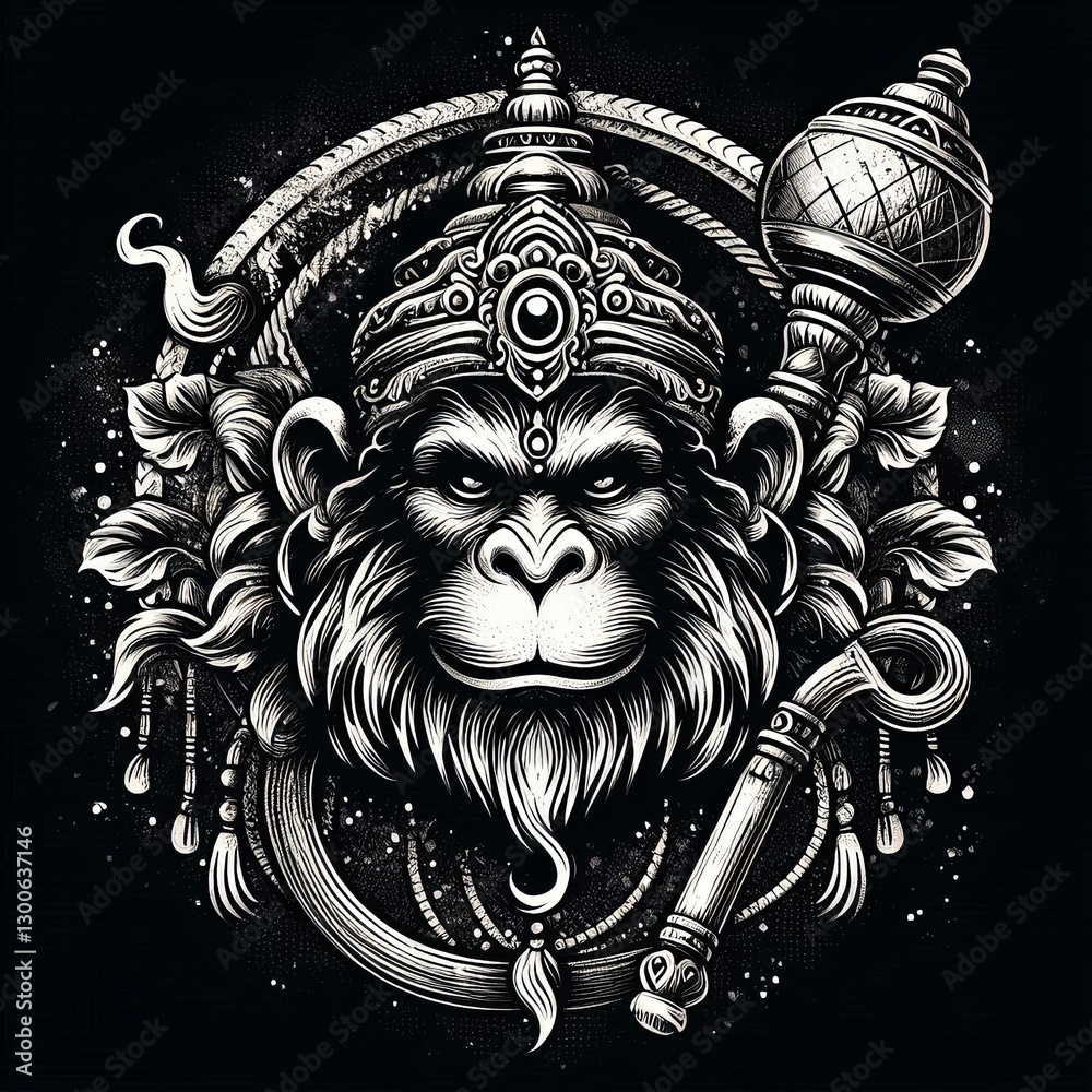 Monochromatic depiction of Hanuman, the Hindu deity, with mace and ...