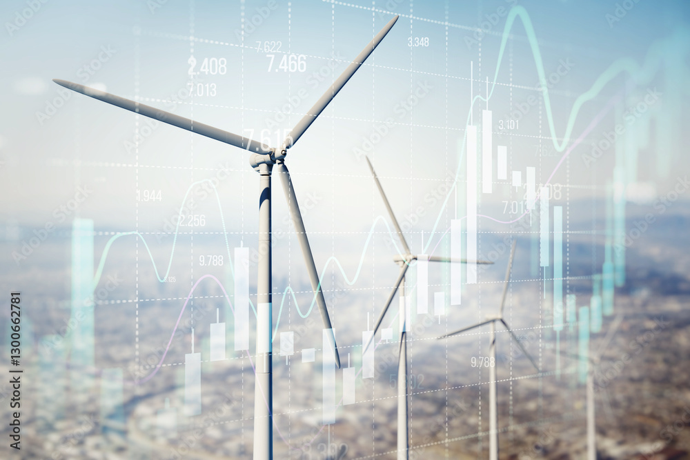 Wind turbines with financial graphs overlay, representing renewable energy investment and ...