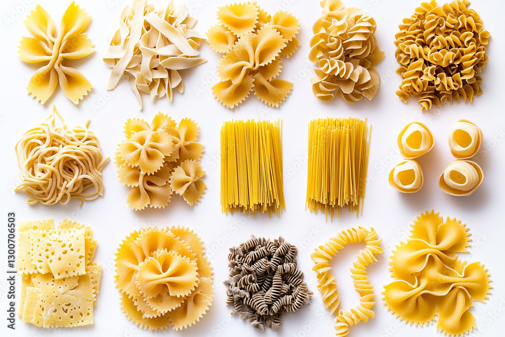 Raw italian pasta, collection of different dry pasta types isolated on ...
