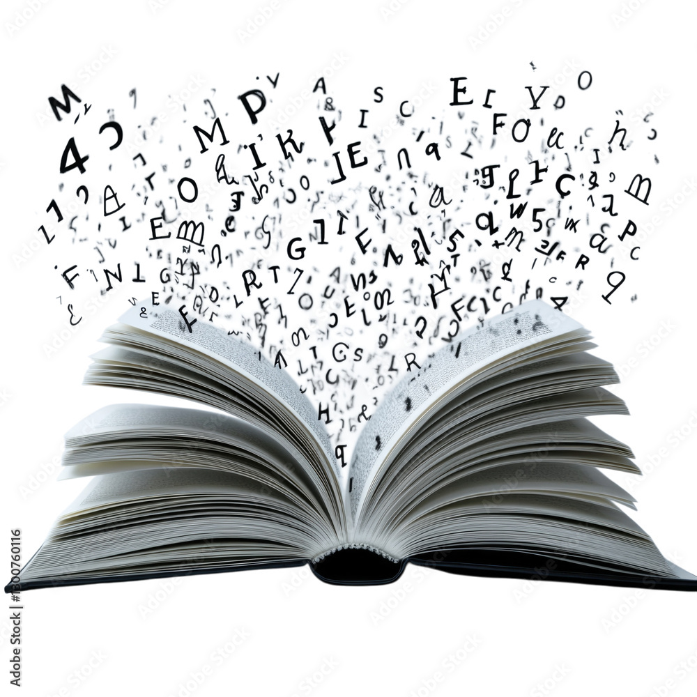 Open book with flying letters and symbols creating a magical atmosphere ...
