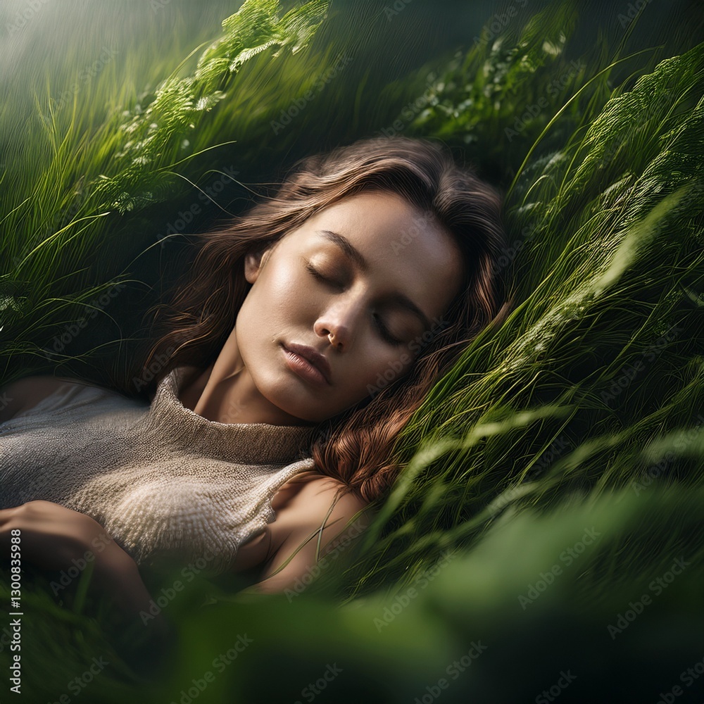 beautiful girl sleeping in grass, half covered with grass, world ...