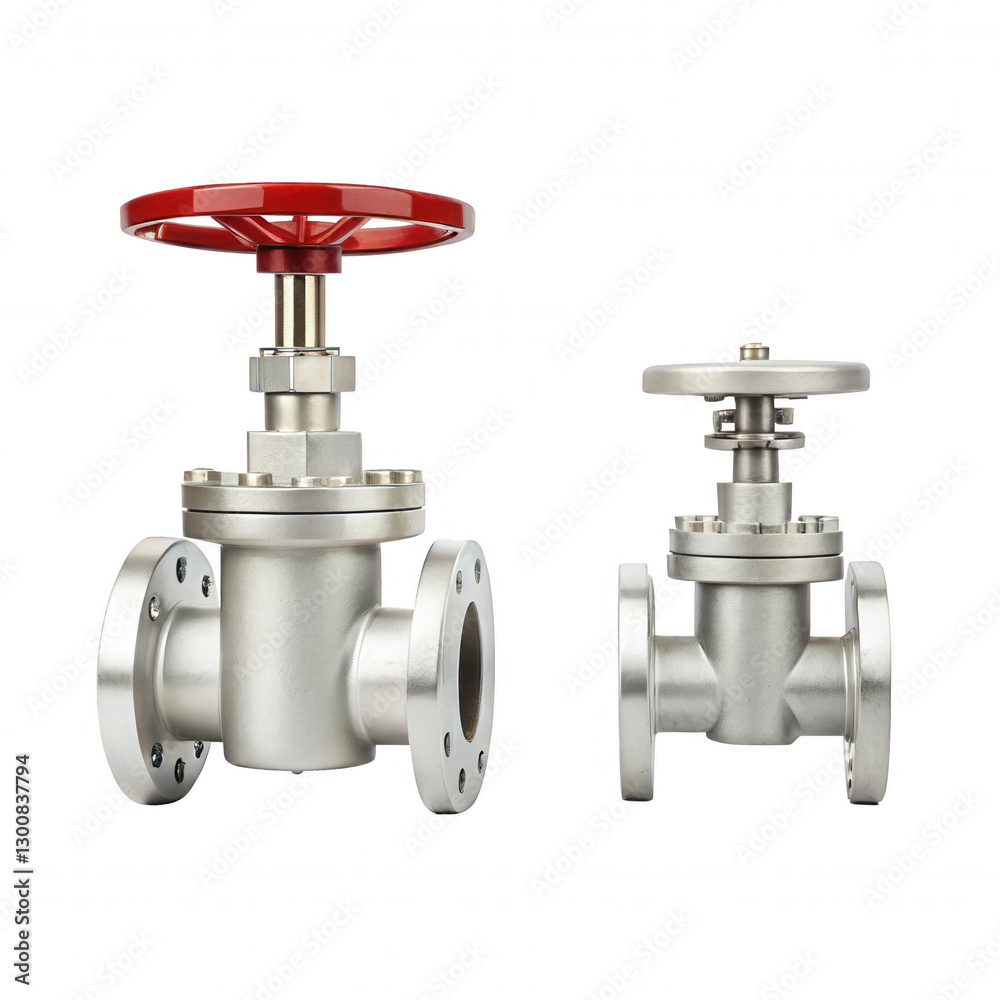Two metal valves with red handles, designed for controlling fluid flow ...