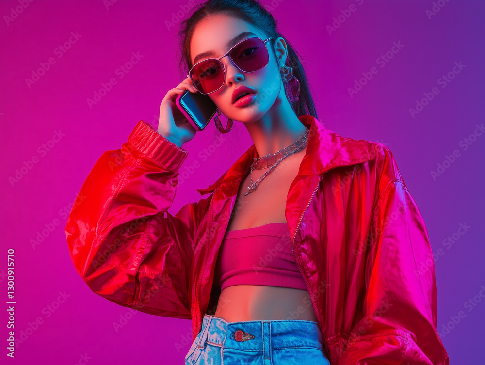 Y2K-style fashion portrait of a teenager in a studio with a vibrant ...