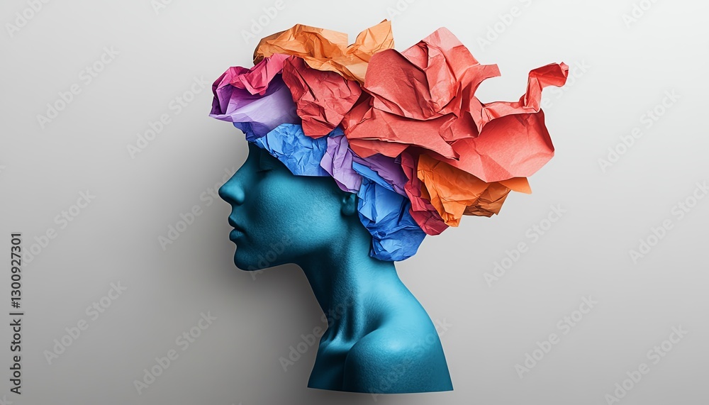 Mental health awareness, silhouette of a head with waste paper ...