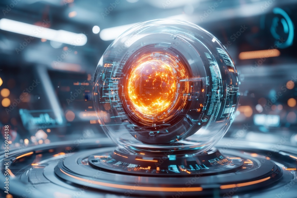 A futuristic amber energy core glowing vibrantly inside a transparent ...