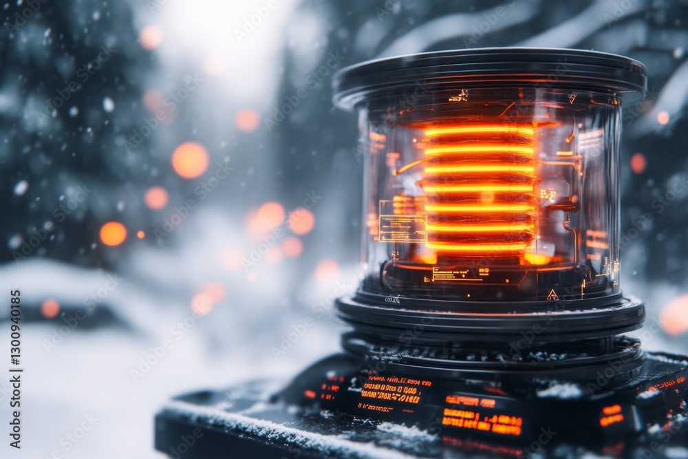 A futuristic amber energy core glowing vibrantly inside a transparent ...