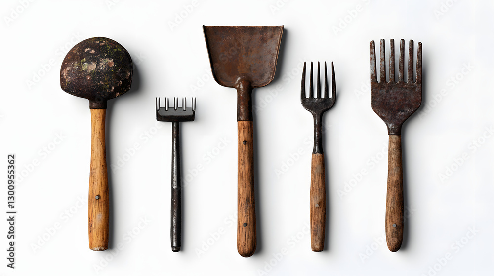 Set of vintage farm tools including hammers, spades, and forks with ...