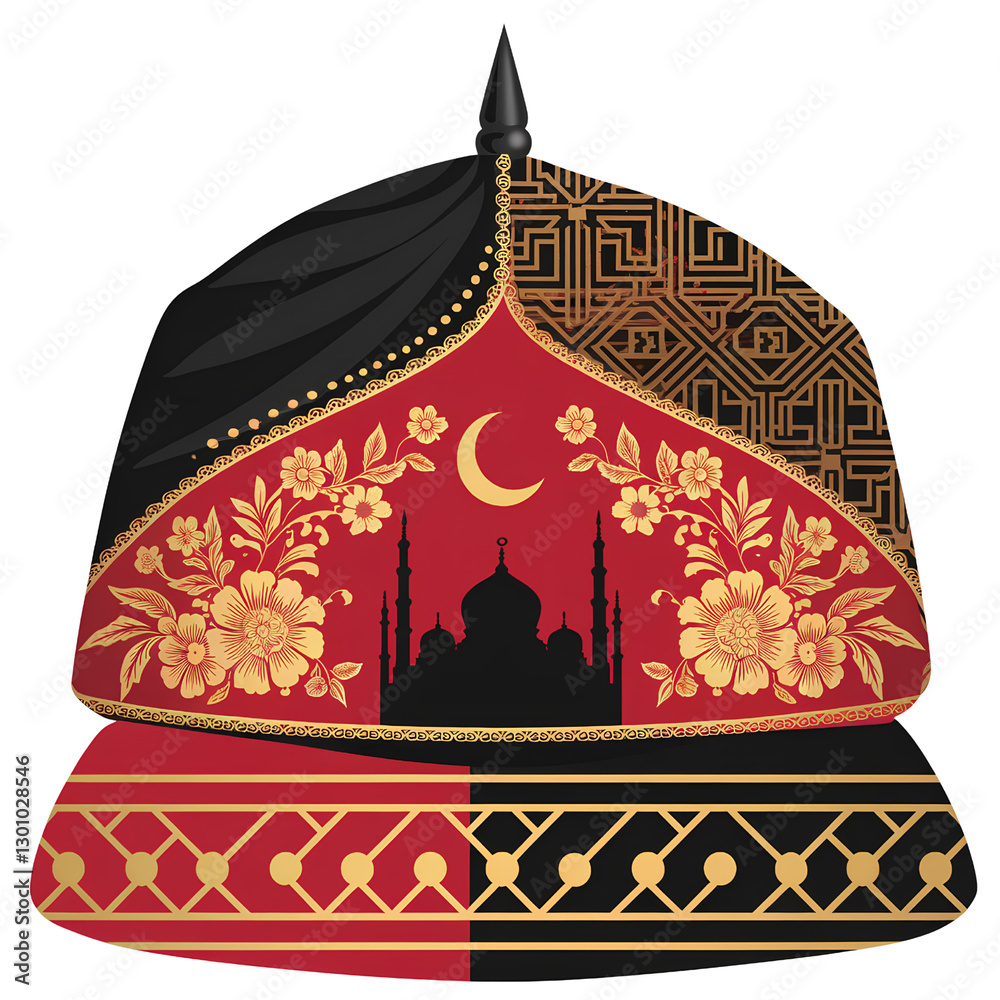 Black and Red Islamic Cap with Golden Mosque and Crescent Moon Design ...