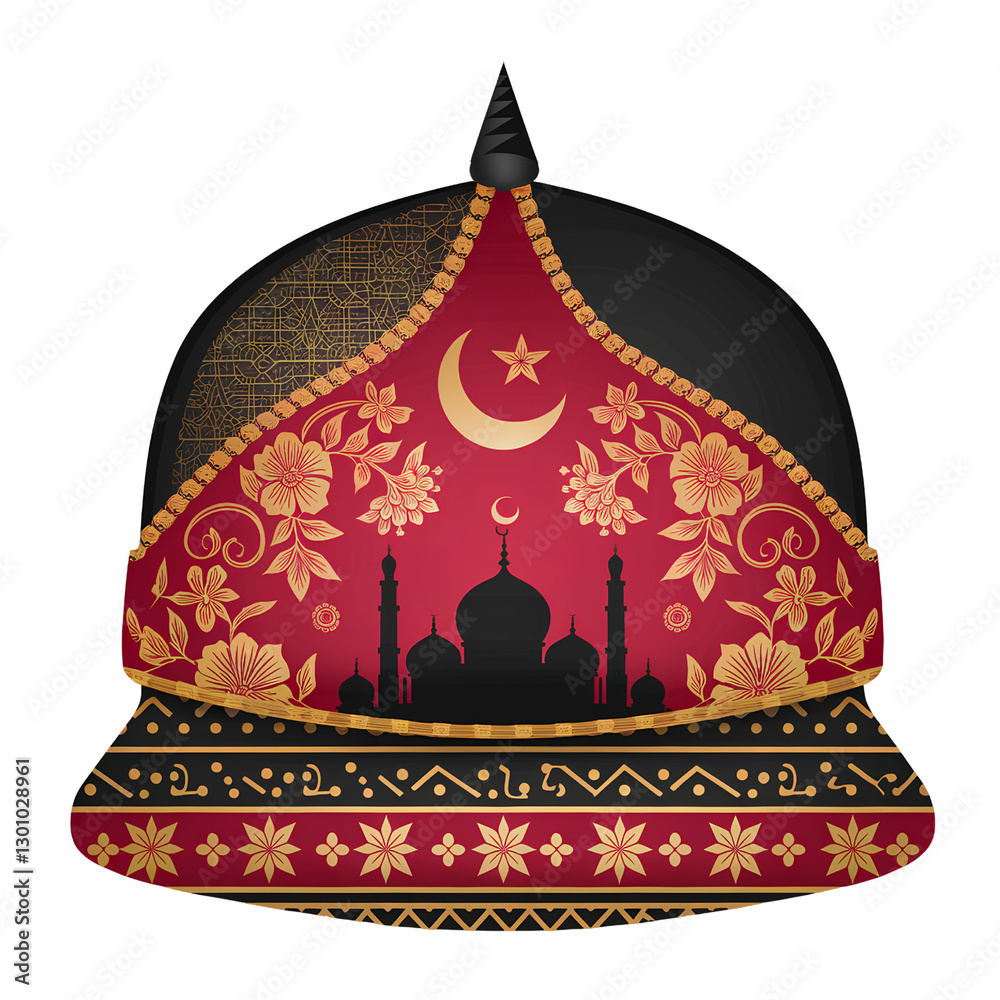 Black and Red Islamic Cap with Golden Mosque and Crescent Moon Design ...