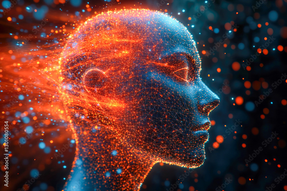 This image features a stylized profile of a human head, filled with ...