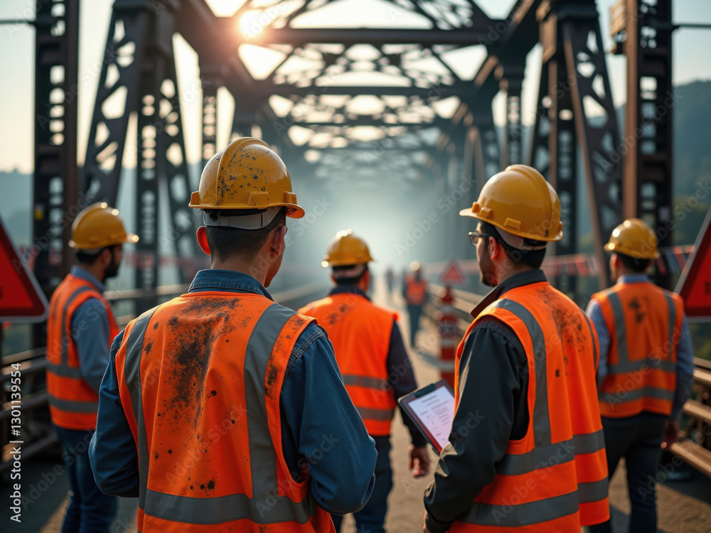 Ingenieros inspeccionando la integridad estructural de un puente, medidas de seguridad ...