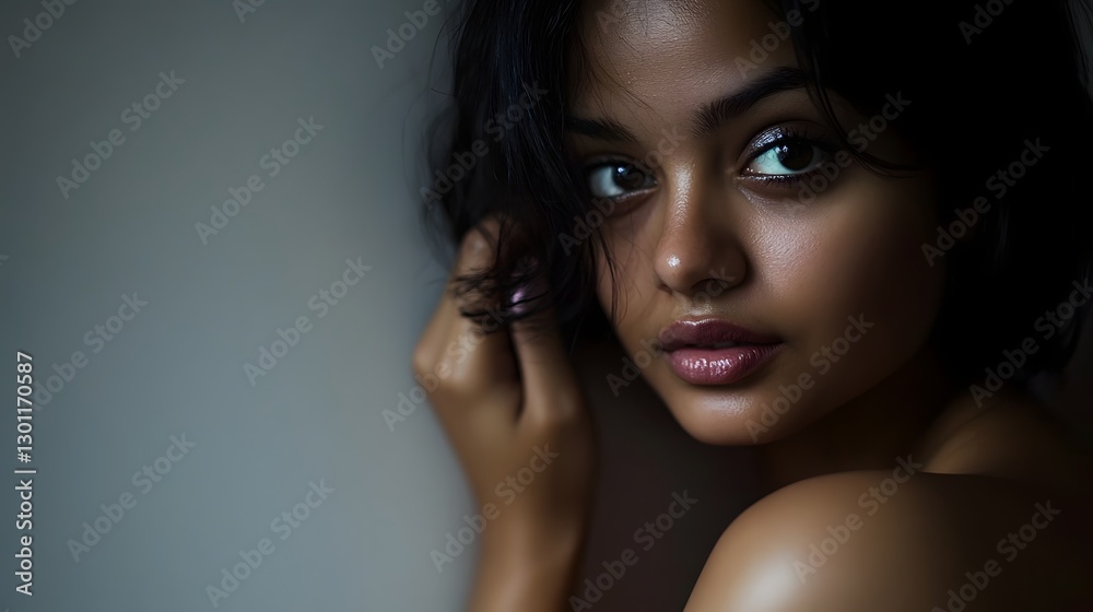 Elegant woman tilting her head with her hand resting on her bare shoulder as she looks ...