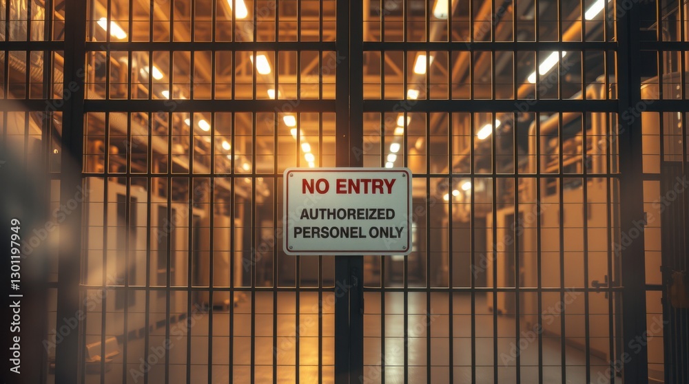 Barred gate with a "No Entry" sign, creating a sense of restriction and ...