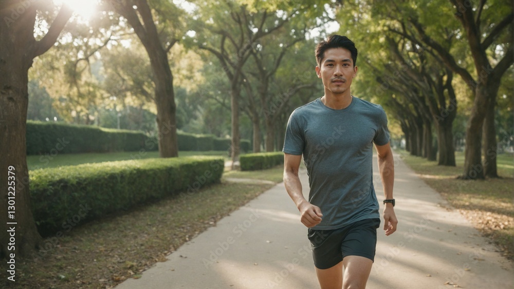 Southeast Asian Male Runner on Sun-Dappled Park Trail, Symbolizing ...