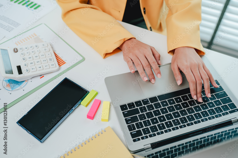 typing, laptop, keyboard, business, computer, woman, wearing, yellow ...