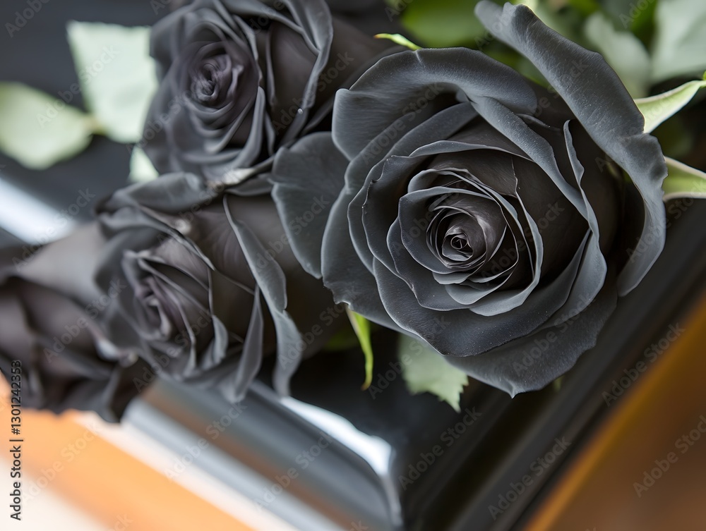 Black roses on a glossy casket, symbolic mourning floral arrangement ...