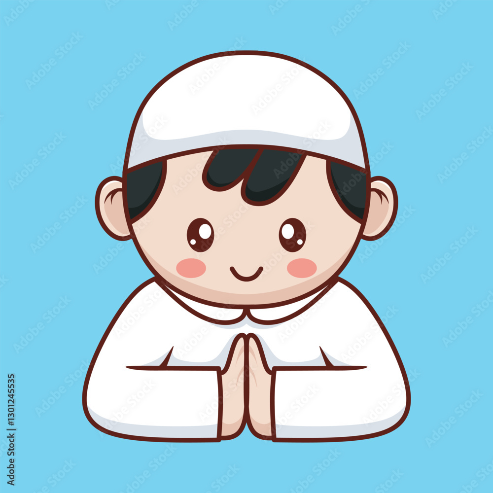 Cute kawaii polite muslim boy cartoon character vector illustration ...