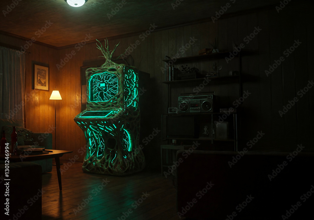 Eerie Bio-Organic Computer in a Dark, Cramped Room – 80s Horror Film ...