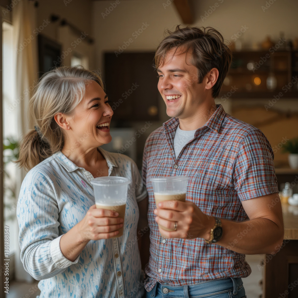 Two happy people, woman with gray hair and younger man, share laugh ...