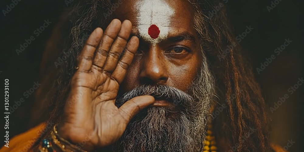 Mystic portrait: a man with long hair and beard, adorns his face with a ...