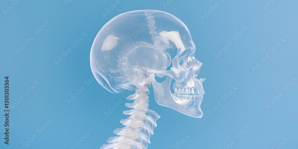 Anatomy of a skull and cervical spine with a translucent and ...