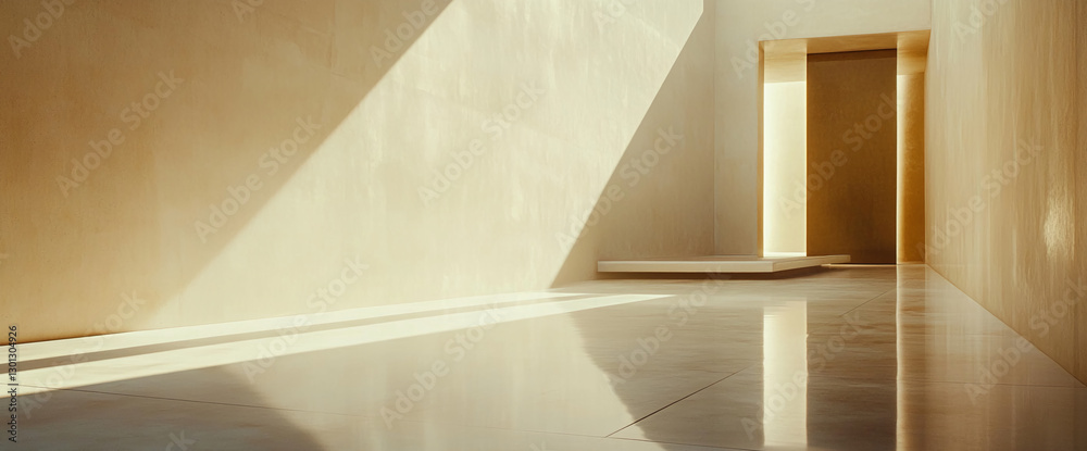 Empty minimalist room with soft beige walls and geometric angles ...