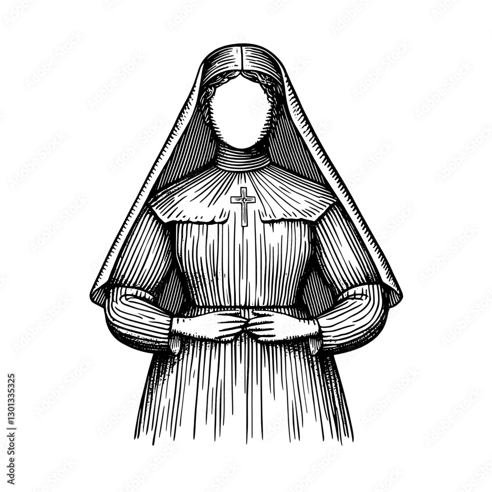 Vector engraved illustration of a nun in traditional habit for ...
