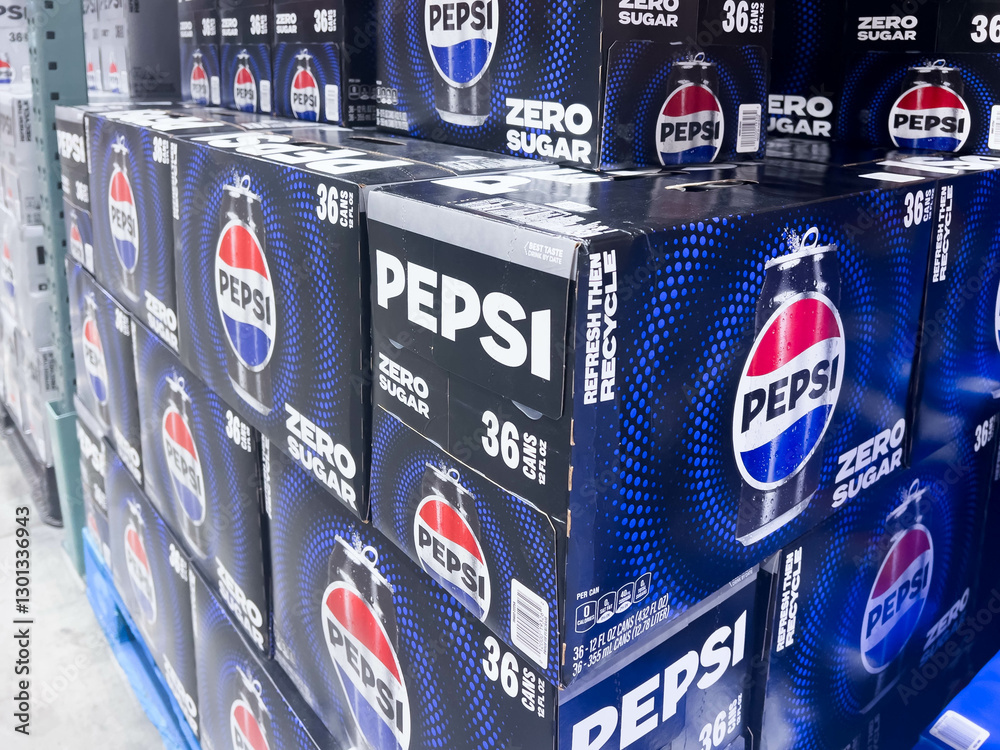Pile of boxes of Pepsi Zero brand canned sodas for sale at a local ...