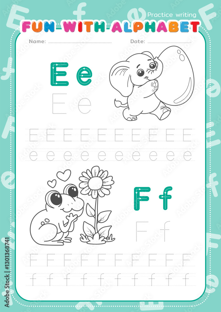 English alphabet tracing practice worksheets, educational letters e-f ...