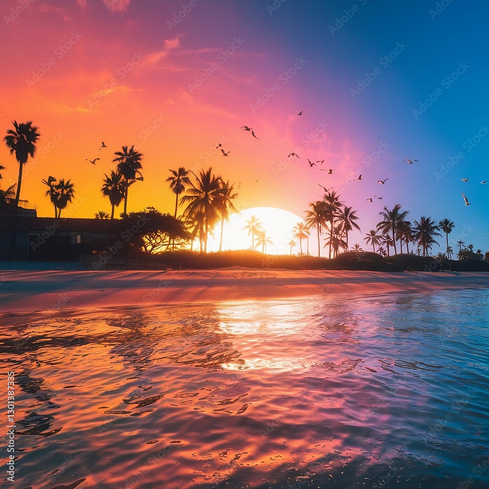 An animated gif of a beach scenery at sunset. The sky transitions from ...